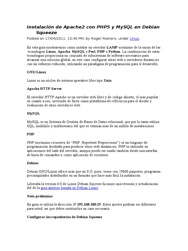 Instalacion de Apache2 Con PHP5 y MySQL en Debian Squeeze | PDF | Php | Servidor HTTP Apache