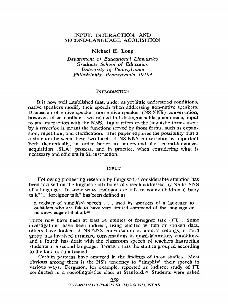Input, Interaction and Second Language Acquisition by Michael H. Long | PDF | Second Language ...