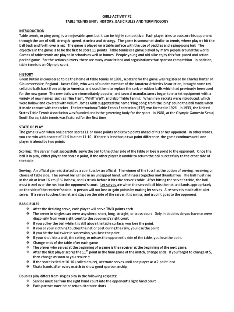 Table Tennis Rules and History PDF | PDF | Table Tennis | Hobbies