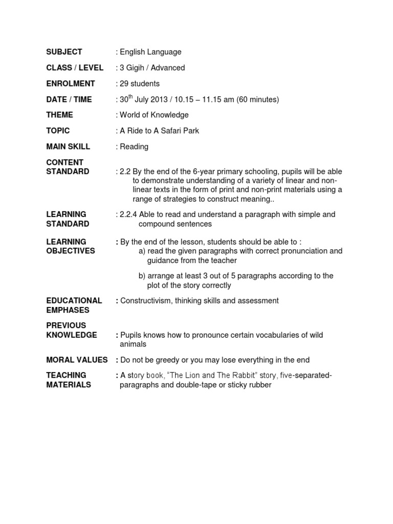 Reading - A Ride To A Safari Park | PDF | Lesson Plan | Teachers