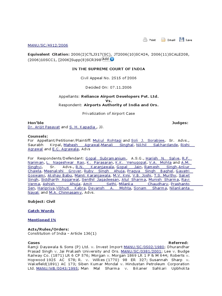 Reliance Airport Developers PVT LTD V AAI 2006 | PDF | Request For ...