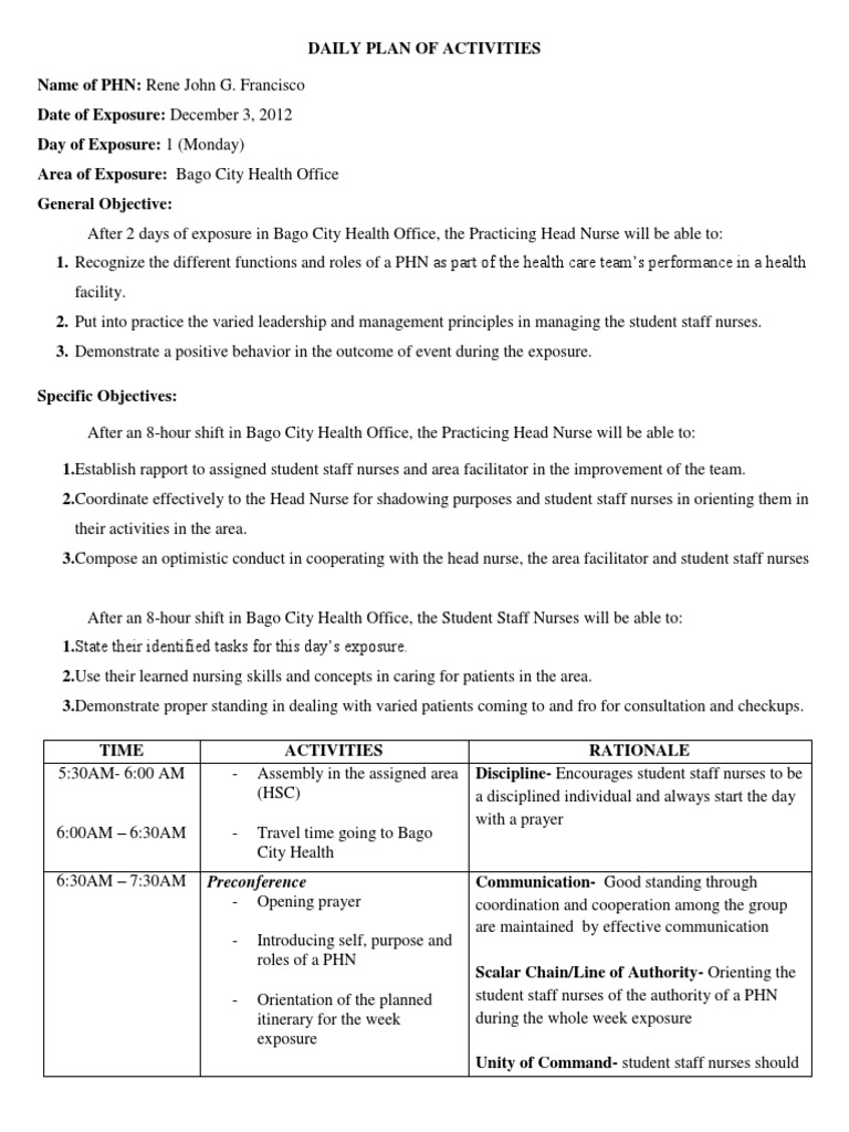 Daily Plan of Activites 1 | PDF | Nursing | Patient