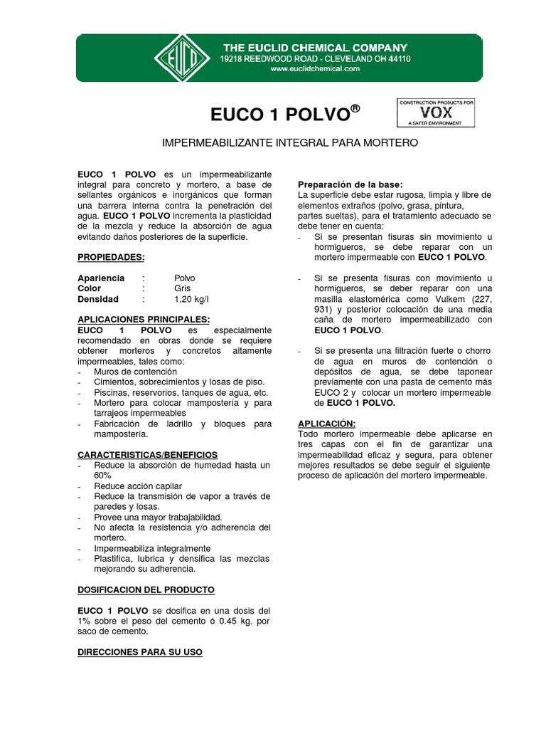 EUCO 1 POLVO: Impermeabilizante Integral | PDF