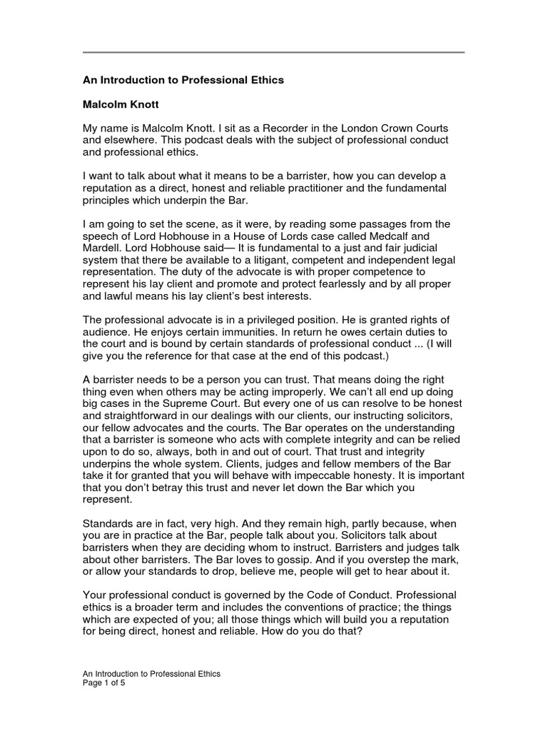 An Introduction To Professional Ethics PDF | PDF | Barrister | Advocate