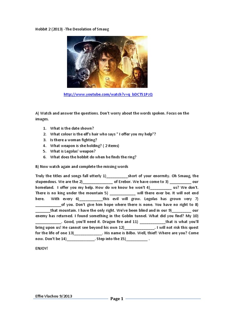 Hobbit 2 Worksheet and Key | PDF