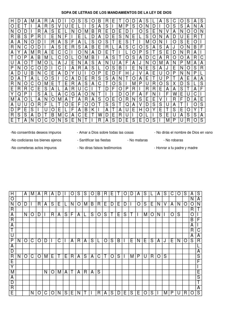 Sopa De Letras De Los Diez Mandamientos Para Niños