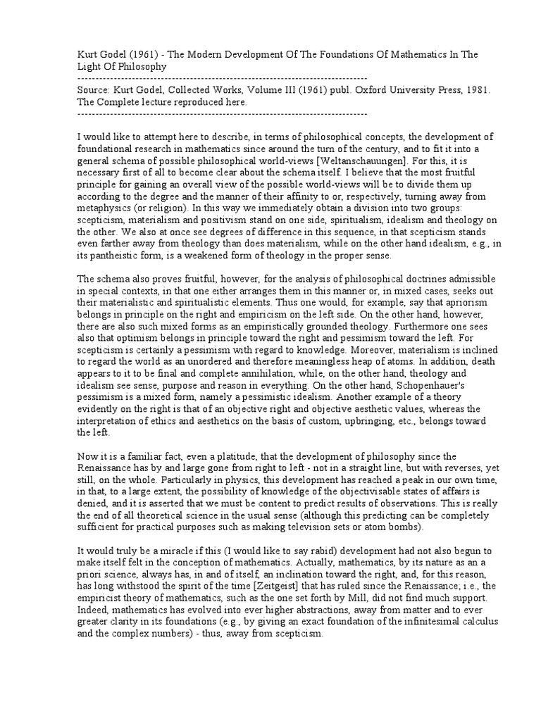 Kurt Godel - The Modern Development of The Foundations of Mathematics ...
