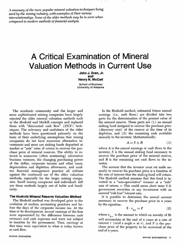 A Critical Examination of Mineral Valuation Methods in Current Use ...
