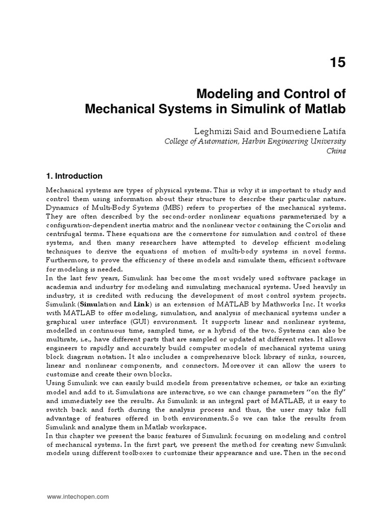 InTech-Modeling and Control of Mechanical Systems in Simulink of Matlab PDF | PDF