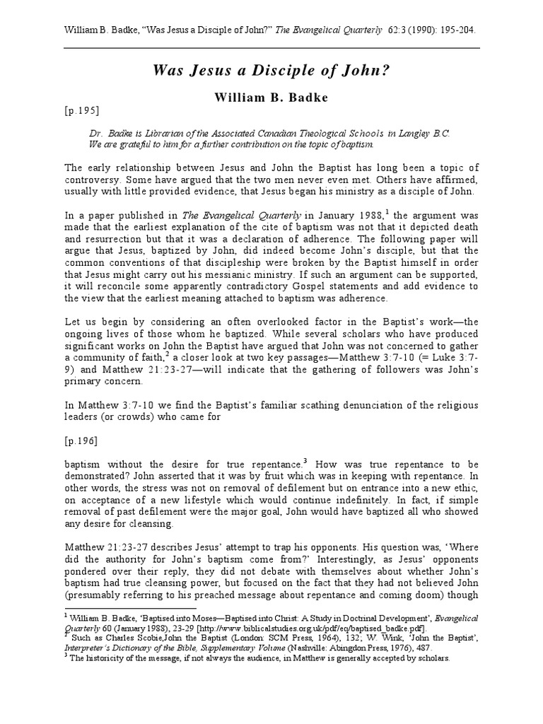 1990 - William B. Badke - Was Jesus A Disciple of John? | PDF | Gospel ...