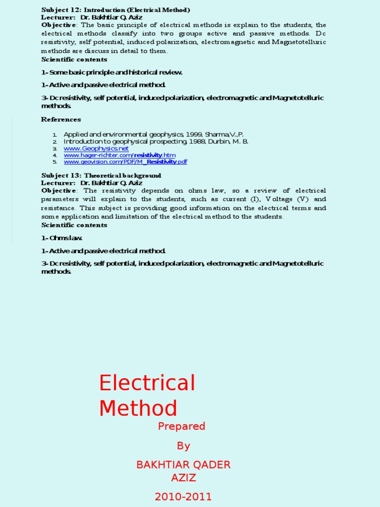 Lecture-12 - Introduction & Theoritical - Electrical Method | PDF ...