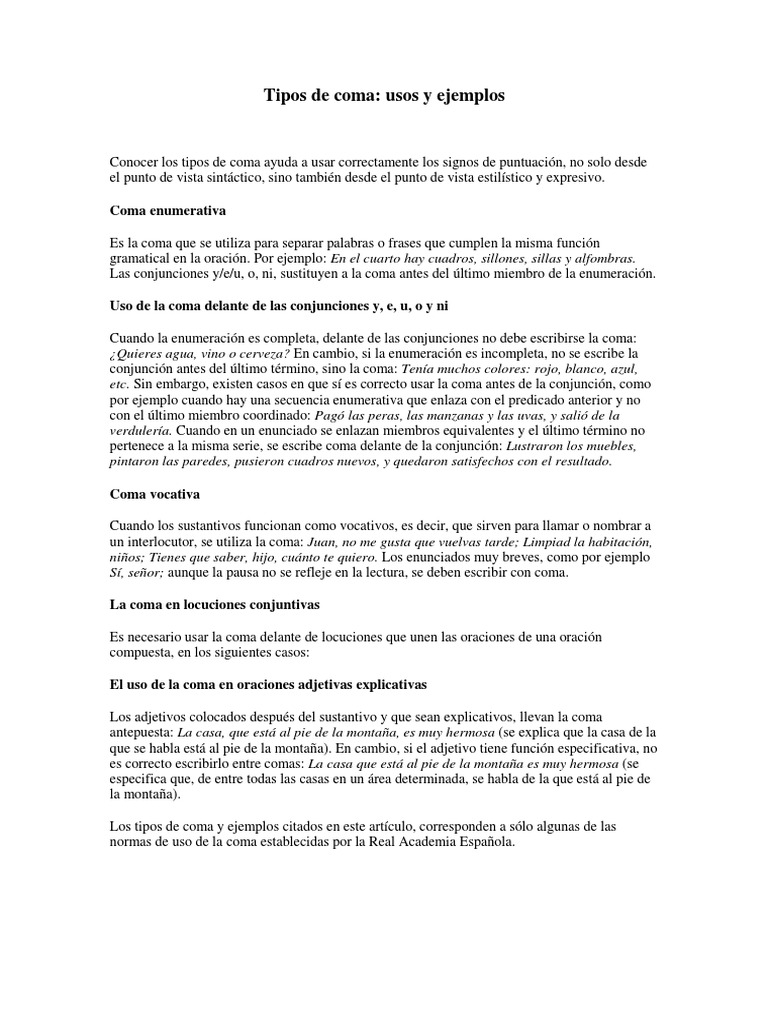 Tipos de Coma - Usos y Ejemplos | PDF | Coma | Oración (Lingüística)