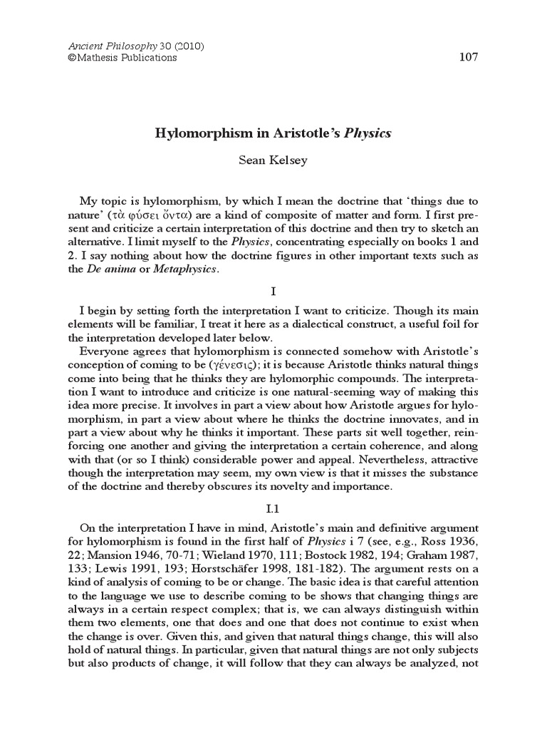 KELSEY, Sean - Hylomorphism in Aristotle's Physics PDF | PDF | Matter ...