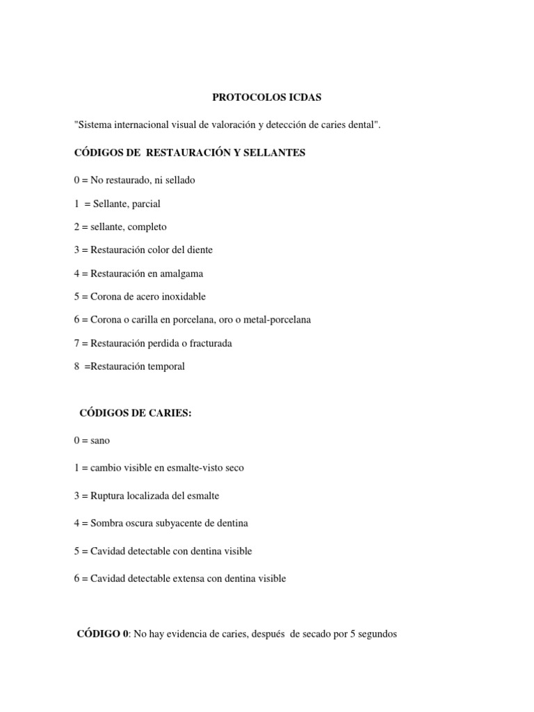 Protocolo y Códigos ICDAS para Caries | PDF | Diente humano | Esmalte ...