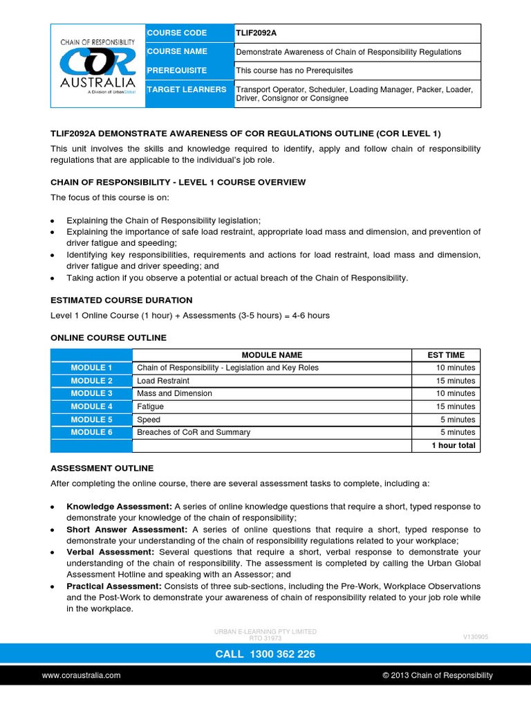 TLIF2092A CoR Level 1 Course Outline | PDF | Educational Assessment ...