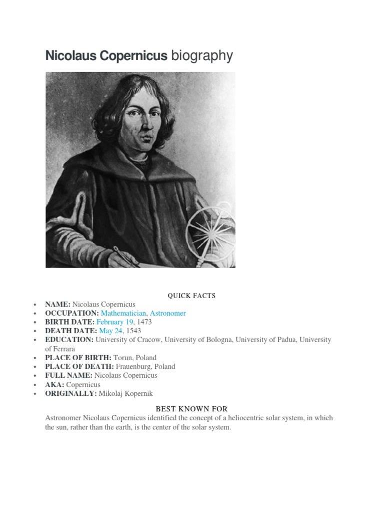 Nicolaus Copernicus Biography | Nicolaus Copernicus | Heliocentrism
