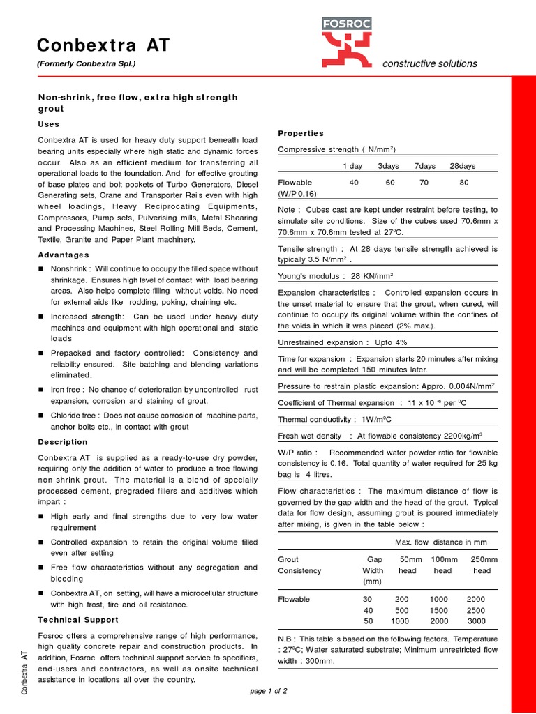 Conbextra AT: Non-Shrink, Free Flow, Extra High Strength Grout | PDF