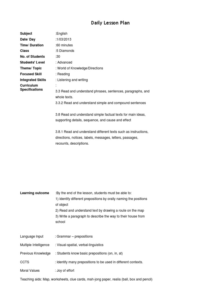 KBSR Preposition Lesson Plan | PDF | Lesson Plan | Reading Comprehension