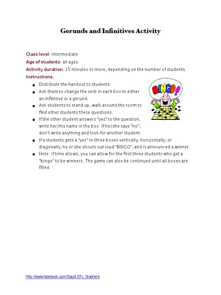 Gerunds and Infinitives Bingo Activity | PDF