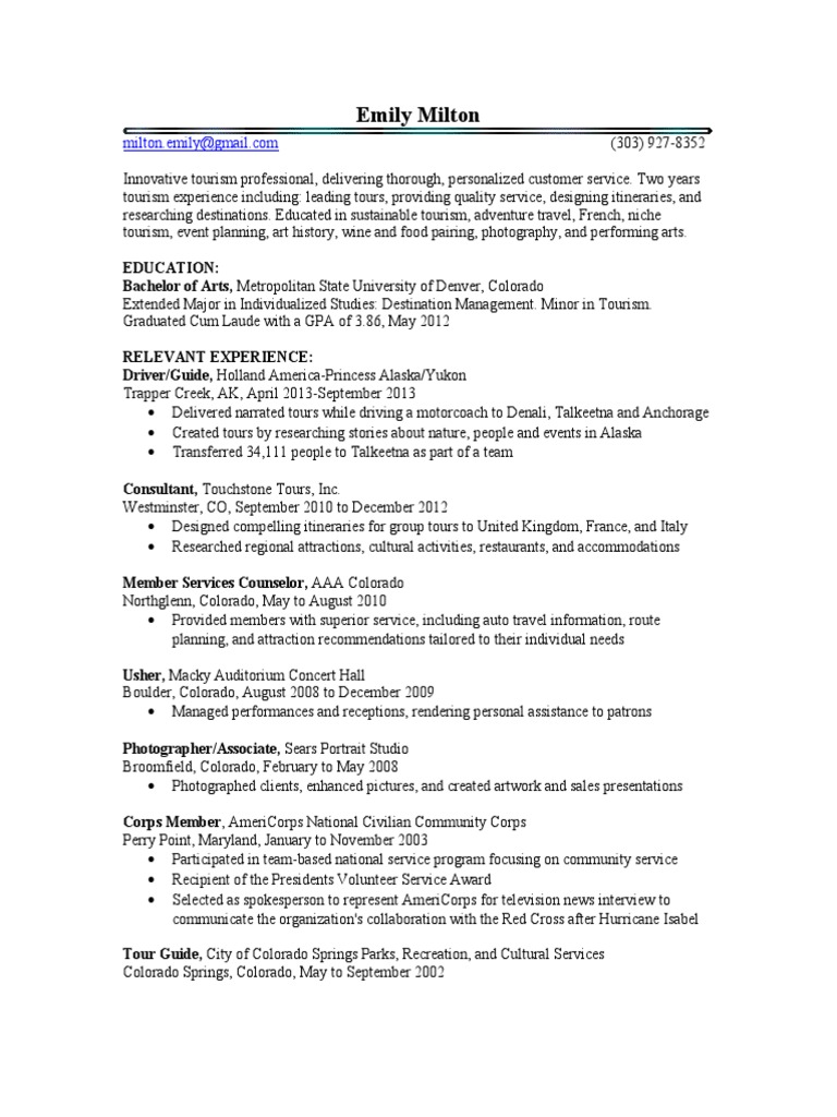 Emily Milton Resume Tourism 2013 | PDF | Colorado | Tourism