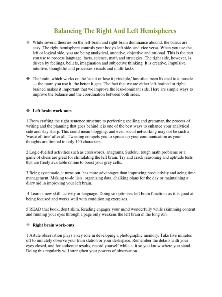 Balancing Right and Left Hemispheres | PDF | Lateralization Of Brain ...