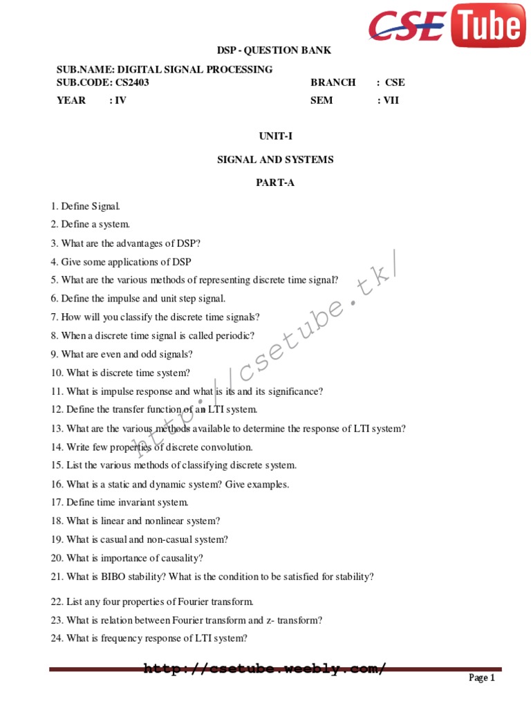CS2403 DSP Question Bank | PDF | Digital Signal Processing | Filter ...