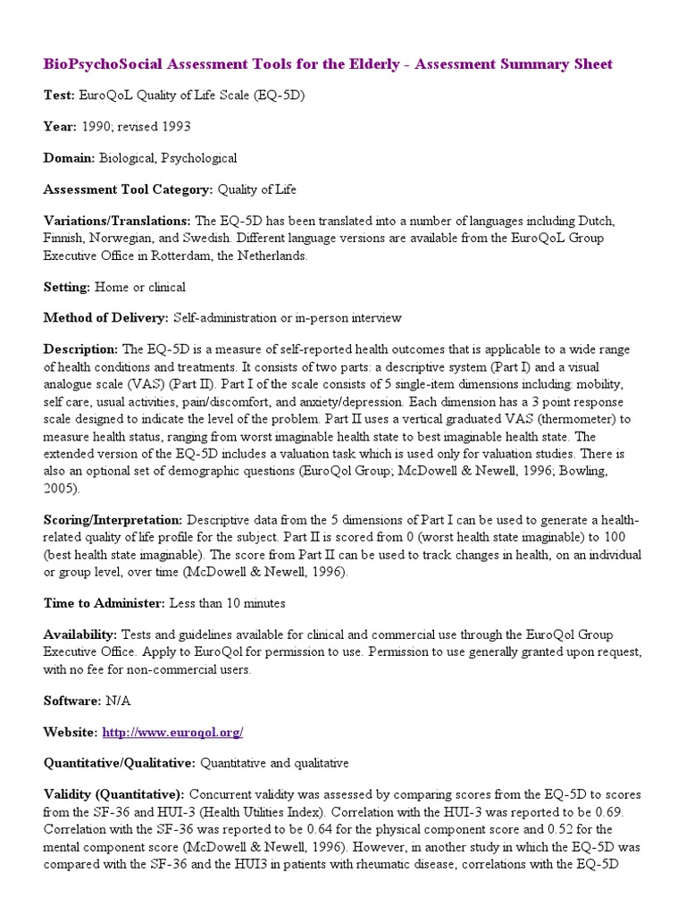 EuroQoL Quality of Life Scale (EQ-5D) PDF | PDF | Evaluation Methods ...