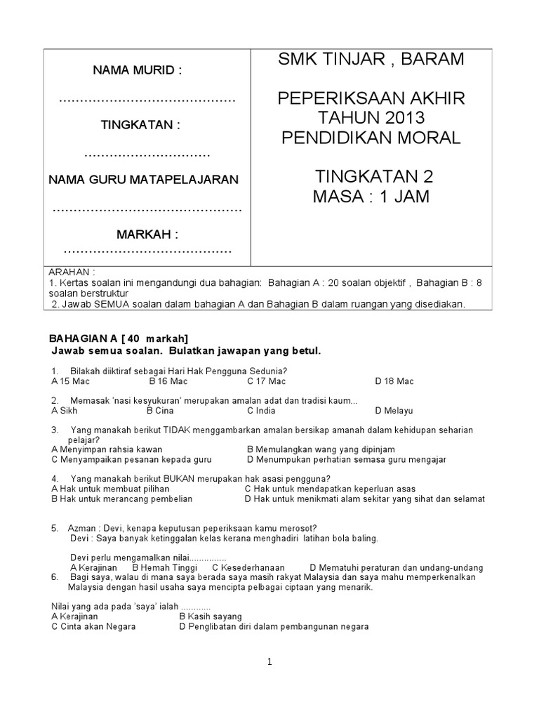 Soalan Pendidikan Moral Tingkatan 2 | PDF