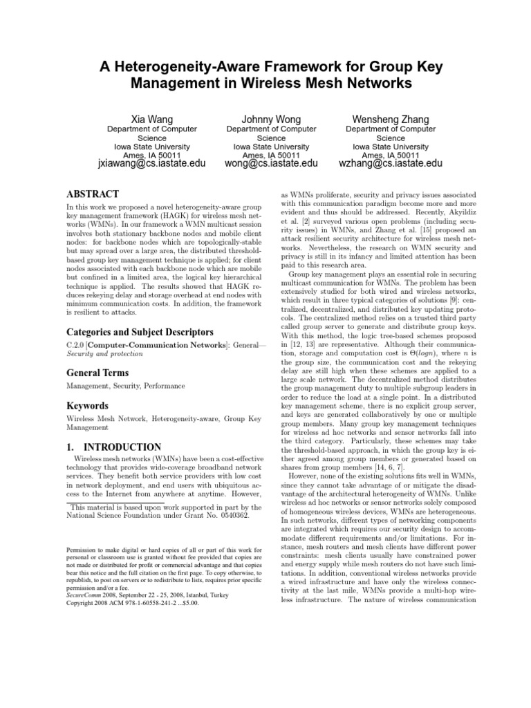 A Heterogeneity-Aware Framework For Group Key Management in Wireless Mesh Networks | PDF ...