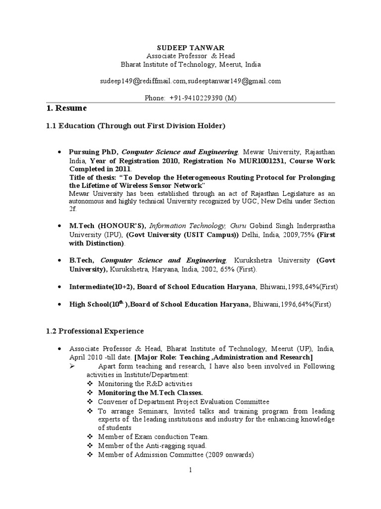 Sudeep Tanwar-Resume | PDF | Wireless Sensor Network | Institute Of ...