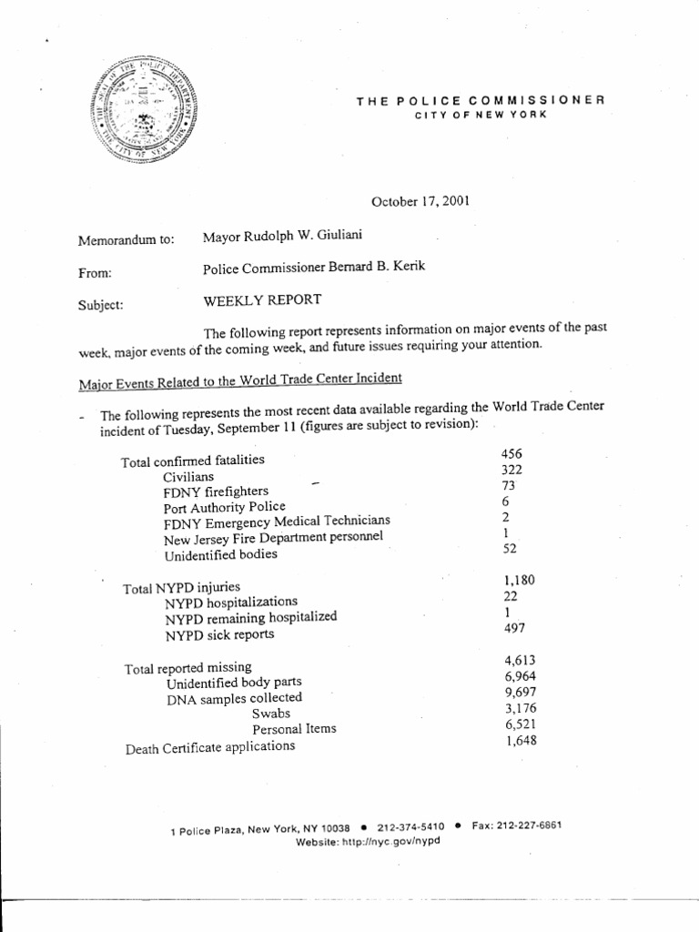 NY B33 NYPD Weekly Reports To Giuliani FDR - 10-17-01 Report 399 | PDF ...