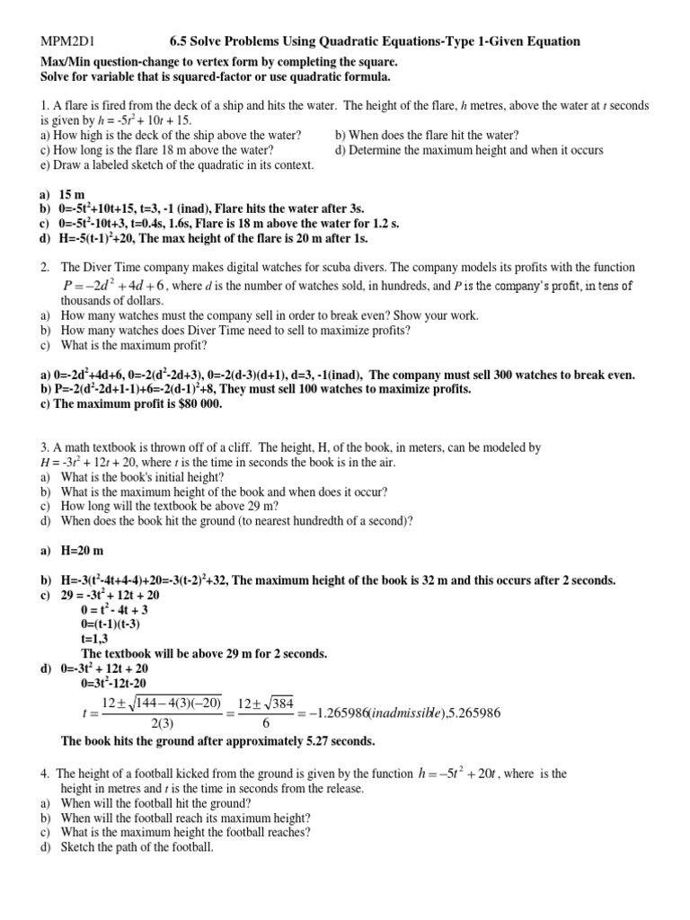 6.5 Solve Problems Using Quadratic Equations-Type 1-Given Equation Ans ...