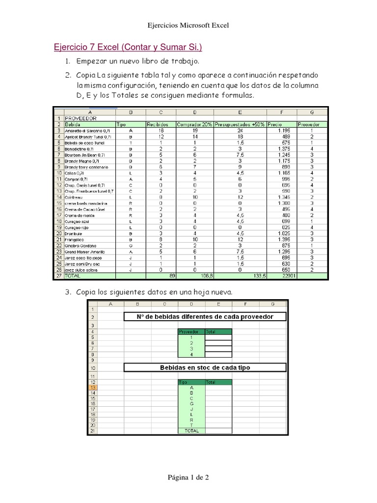 Ejercicio 7 Excel (Contar y Sumar Si.) | PDF