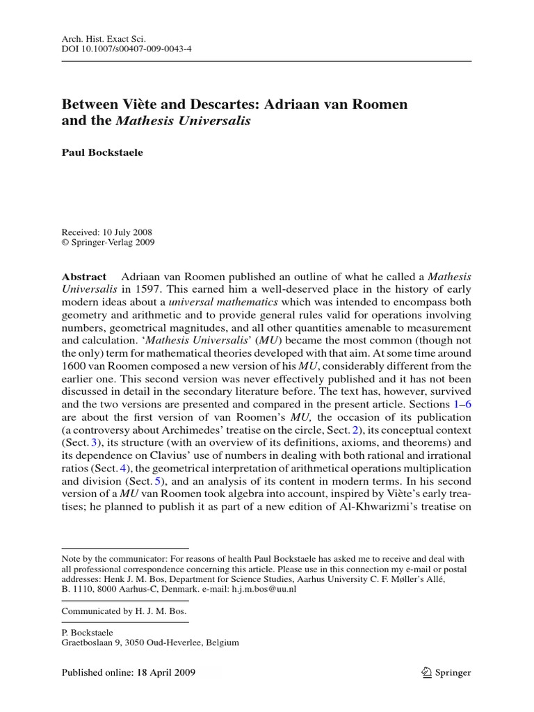Bockstaele - Between Viète and Descartes - Adriaan Van Roomen and The ...