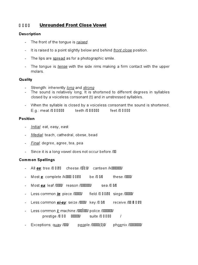 Unrounded Front Close Vowel: Description | PDF | Syllable | Vowel