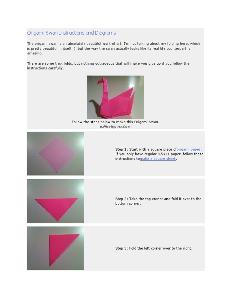 Origami Swan Instructions and Diagrams | PDF | Origami | Teaching ...