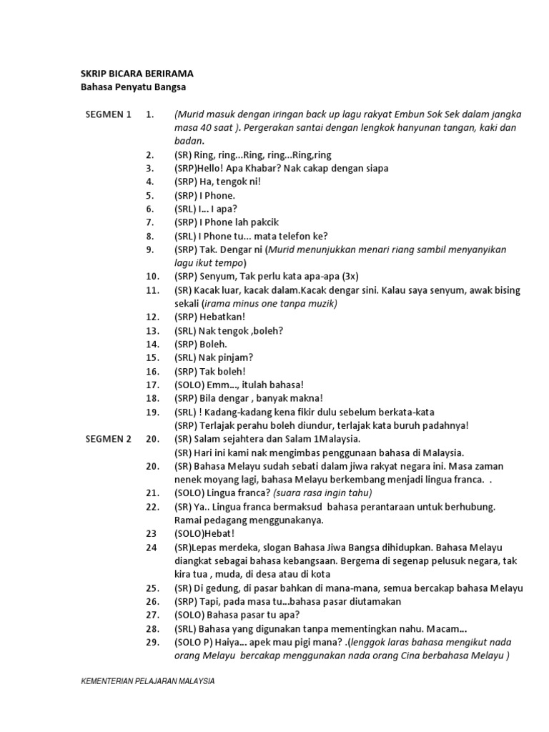 Contoh skrip bicara berirama - Bahasa Penyatu Bangsa