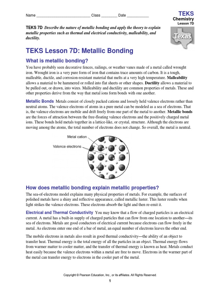Teks 7d Metallic Bonding Lesson Notes | PDF | Metals | Chemical Bond