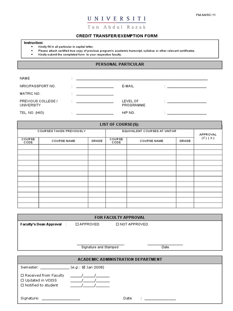 Credit Transfer/Exemption Application Form | PDF