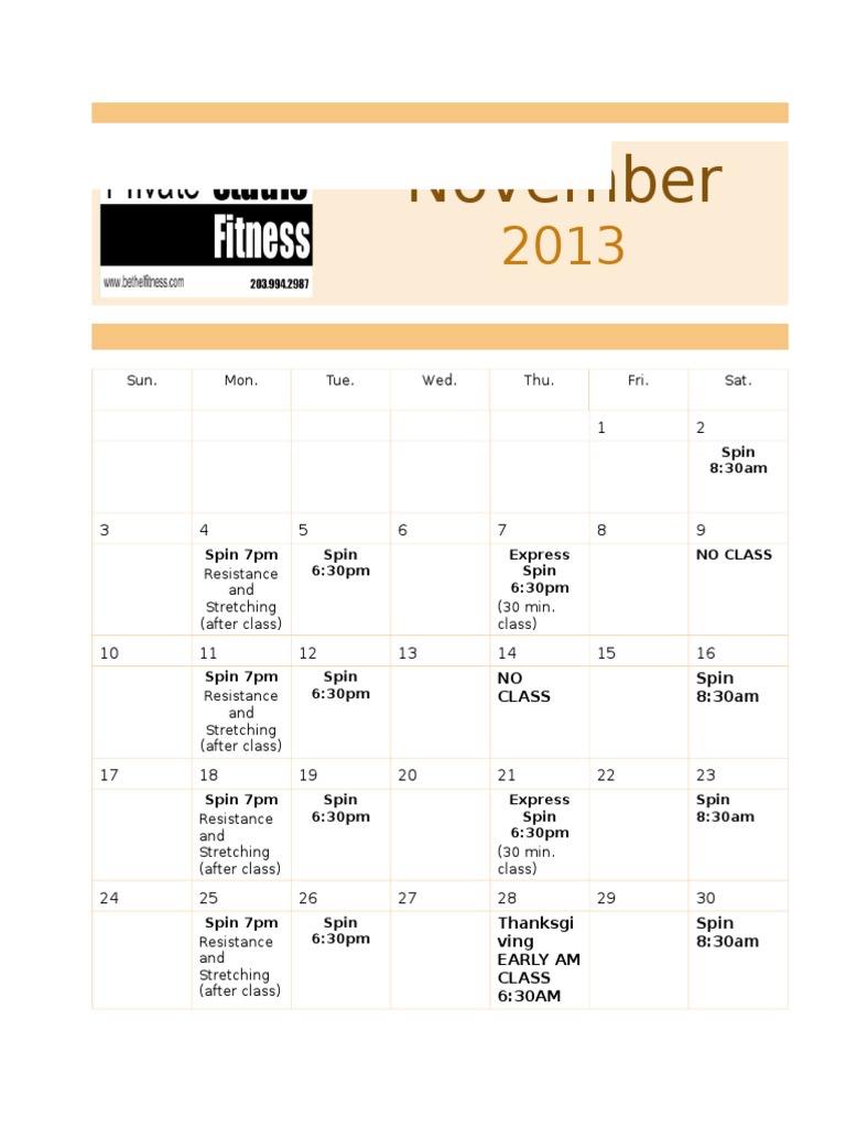 November 2013 Spin Class Schedule | PDF