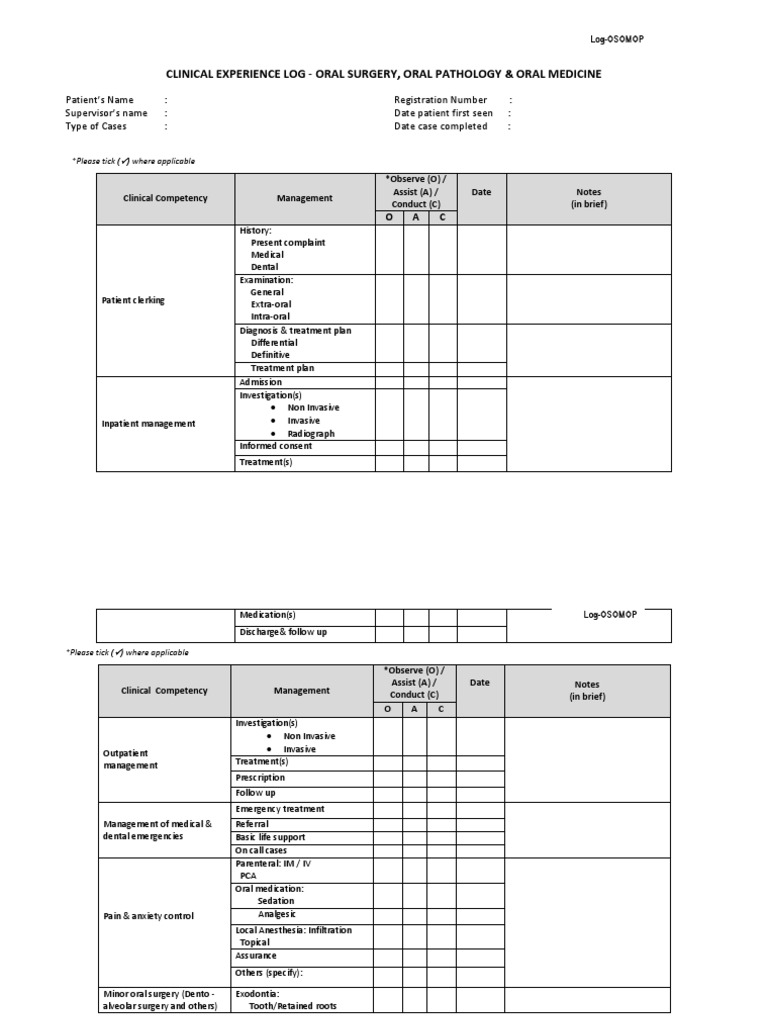 Clinical Experience Log | PDF | Patient | Oral And Maxillofacial Surgery