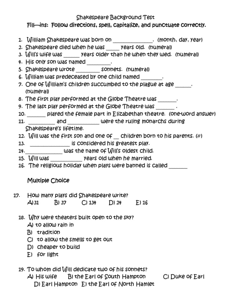 Shakespeare Quiz for Students | PDF | English Renaissance | Shakespeare ...