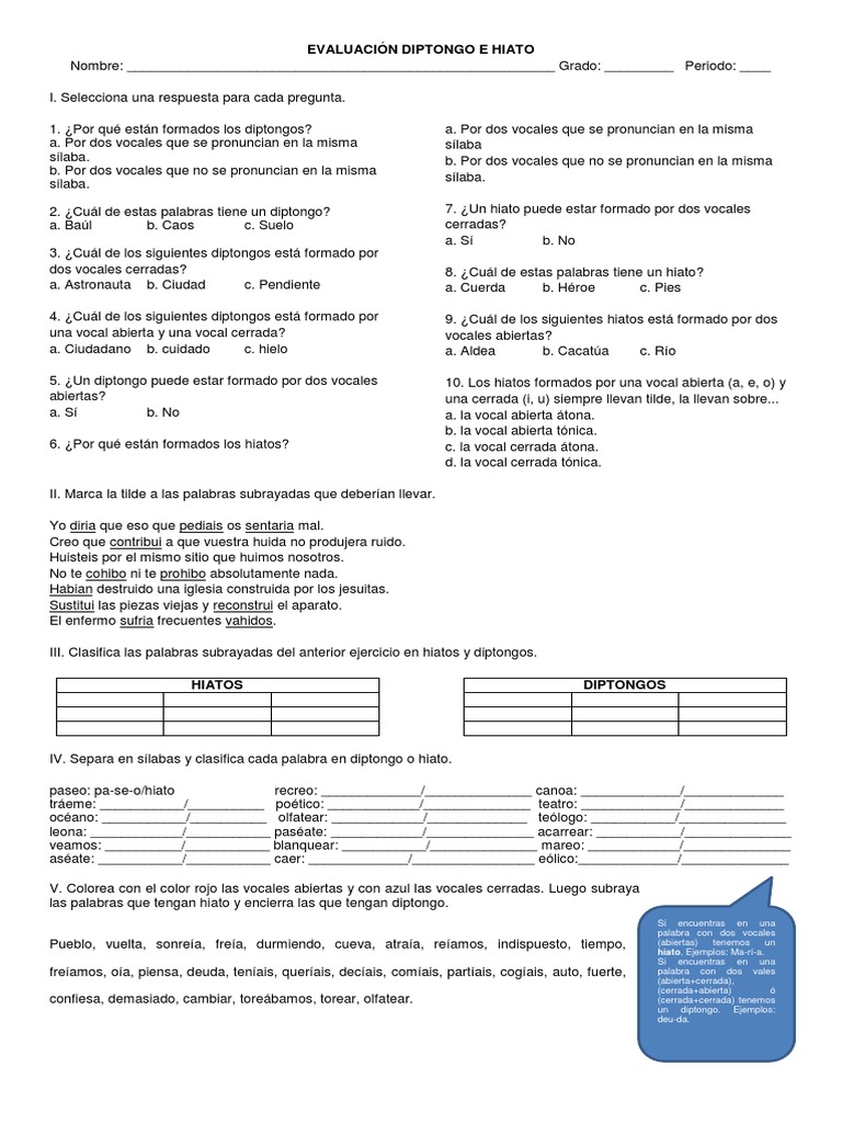 Evaluación Diptongo e Hiato | Descargar gratis PDF | Vocal | Sílaba