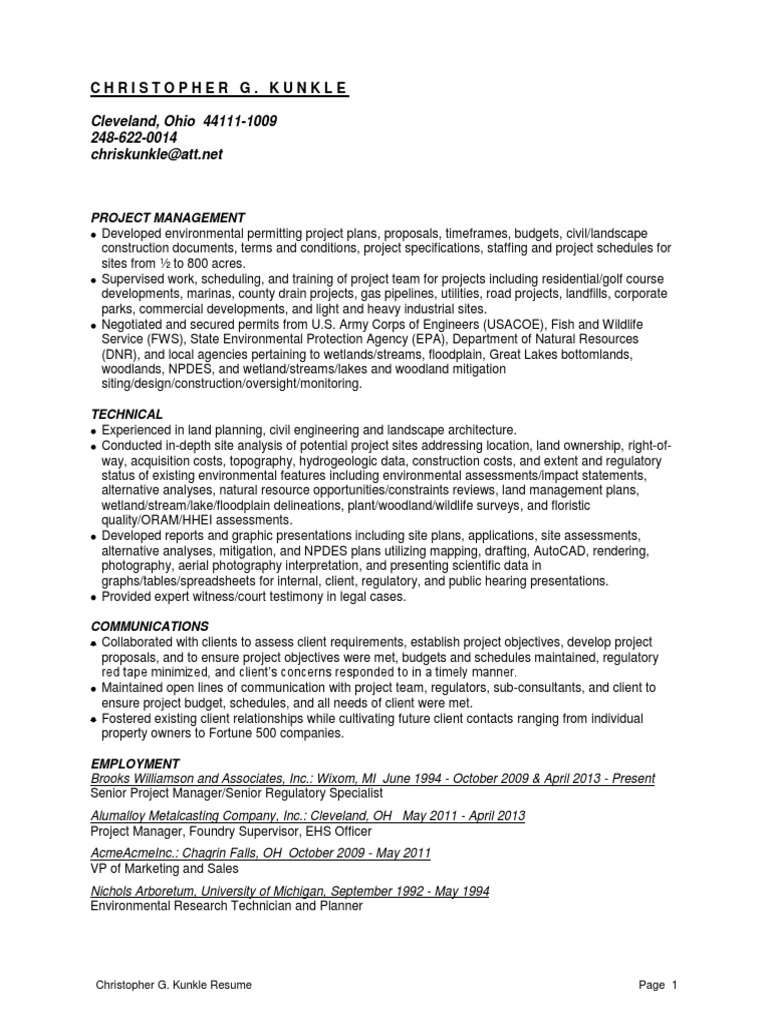 Senior Environmental Project Manager in Cleveland Akron OH Resume ...