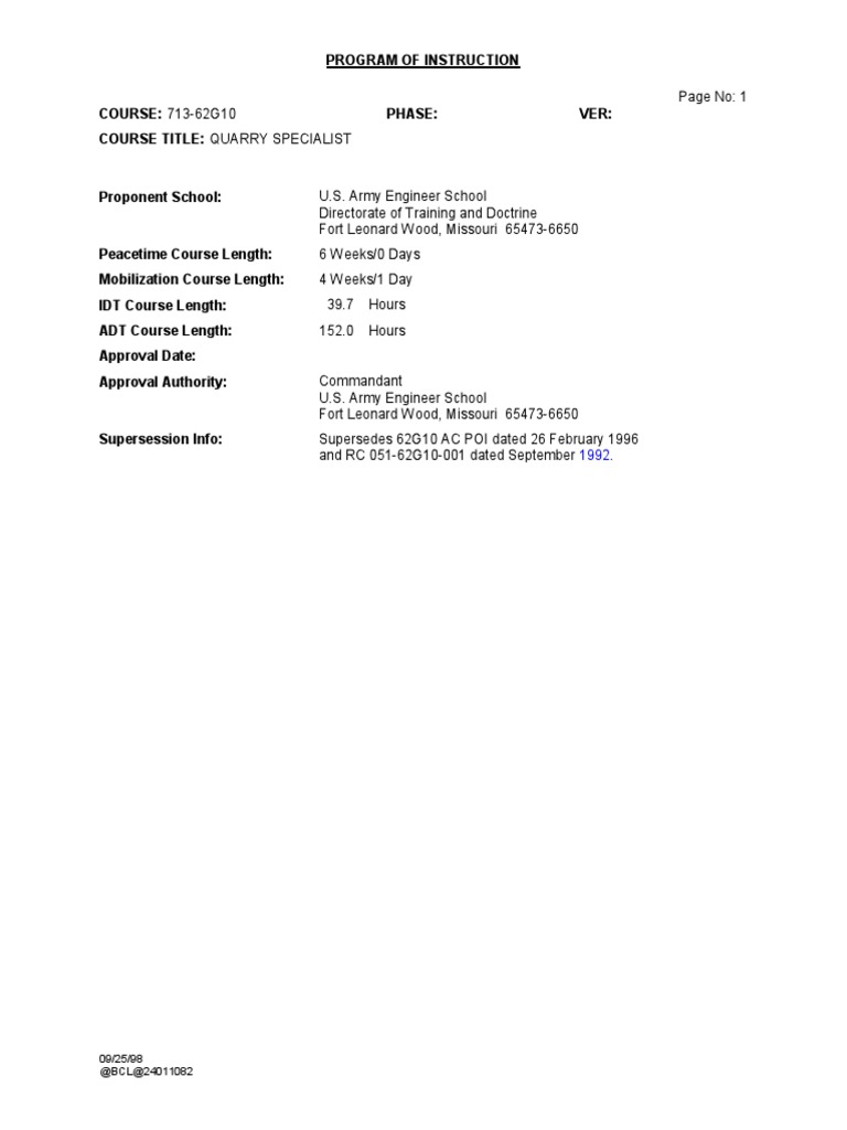 Program of Instruction | PDF | United States Army | Occupational Safety ...