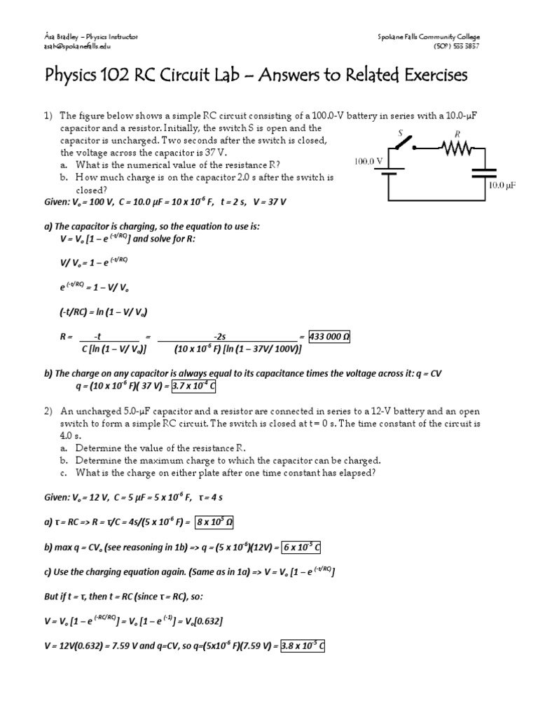 Physics 102 RC Circuit Lab - Answers To Related Exercises | PDF ...