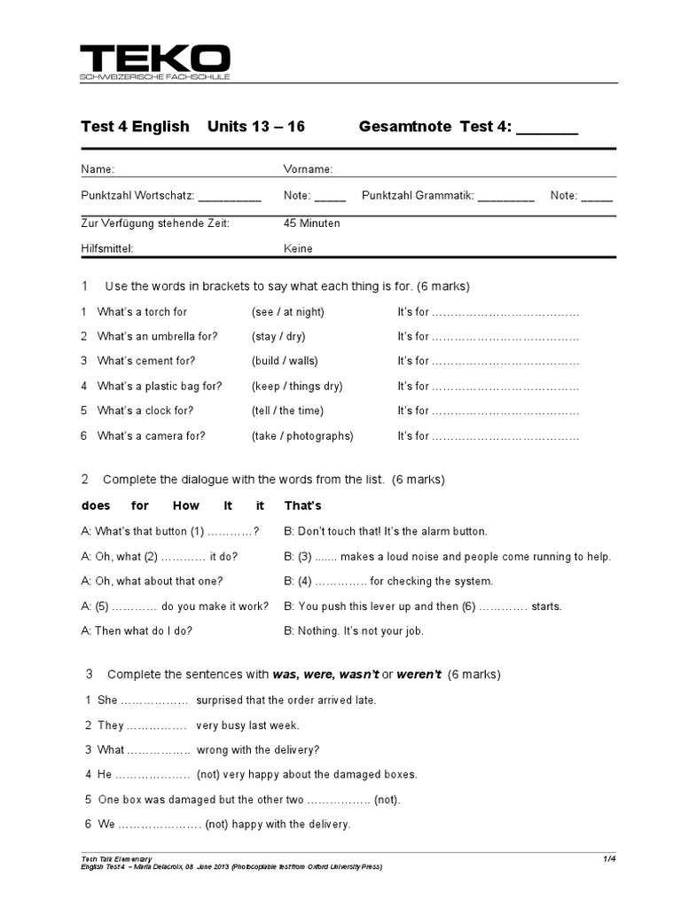 Test 4 English Units 13 - 16 Gesamtnote Test 4 | PDF | Languages