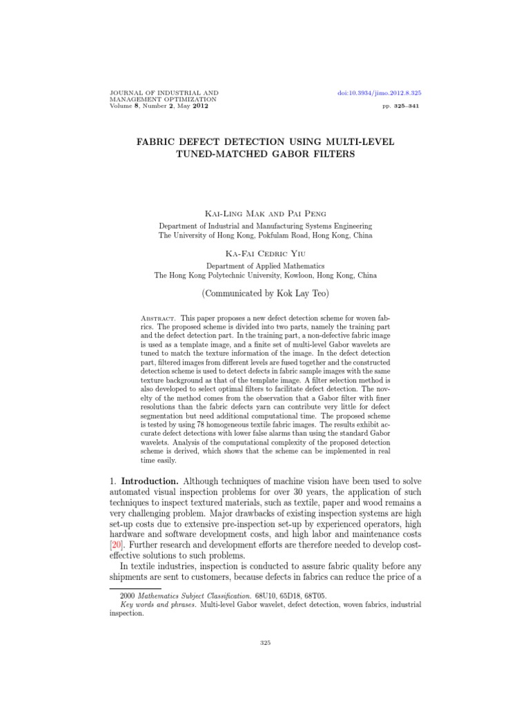 Fabric Defect Detection Using Multi-Level Tuned-Matched Gabor Filters | PDF | Wavelet | Image ...