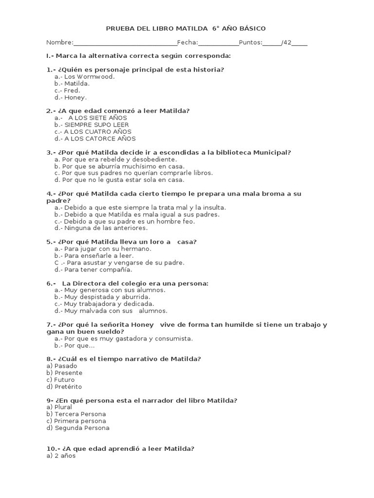 Prueba de Lectura: Matilda | PDF | Ocio