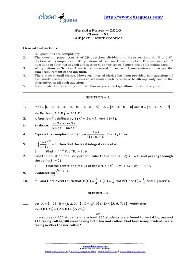 Sample Paper - 2010 Class - XI Subject - Mathematics: A B A B U I FX 2 X 5. F 3 | PDF | Triangle ...